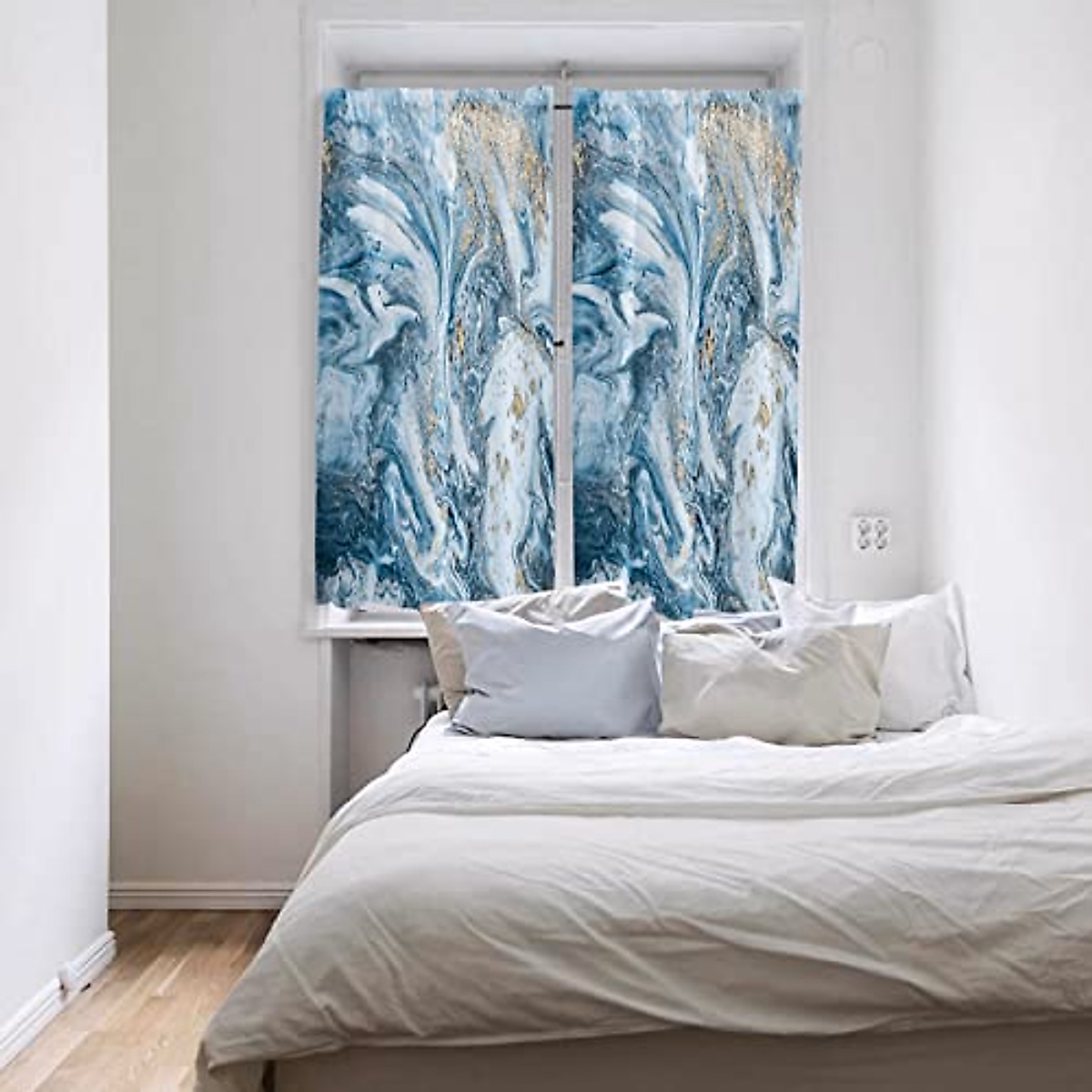 SSEVITEY Room Decorative Valances with Rod Pockets Marble Liquid Abstract Art Window Valance Curtains Blue White Gold Gradient Treatment 2 Panels Drapes for Kitchen Living Room Bathroom