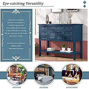 Actual Solid Wood Console, Sofa Table, Modern Entryway Hall W/with 7 Drawers, 1 Cabinet and Shelf, Side for Living Room, Bedrooms Hallway, Easy to Assemble (Blue), 45.3x15x33.7 in