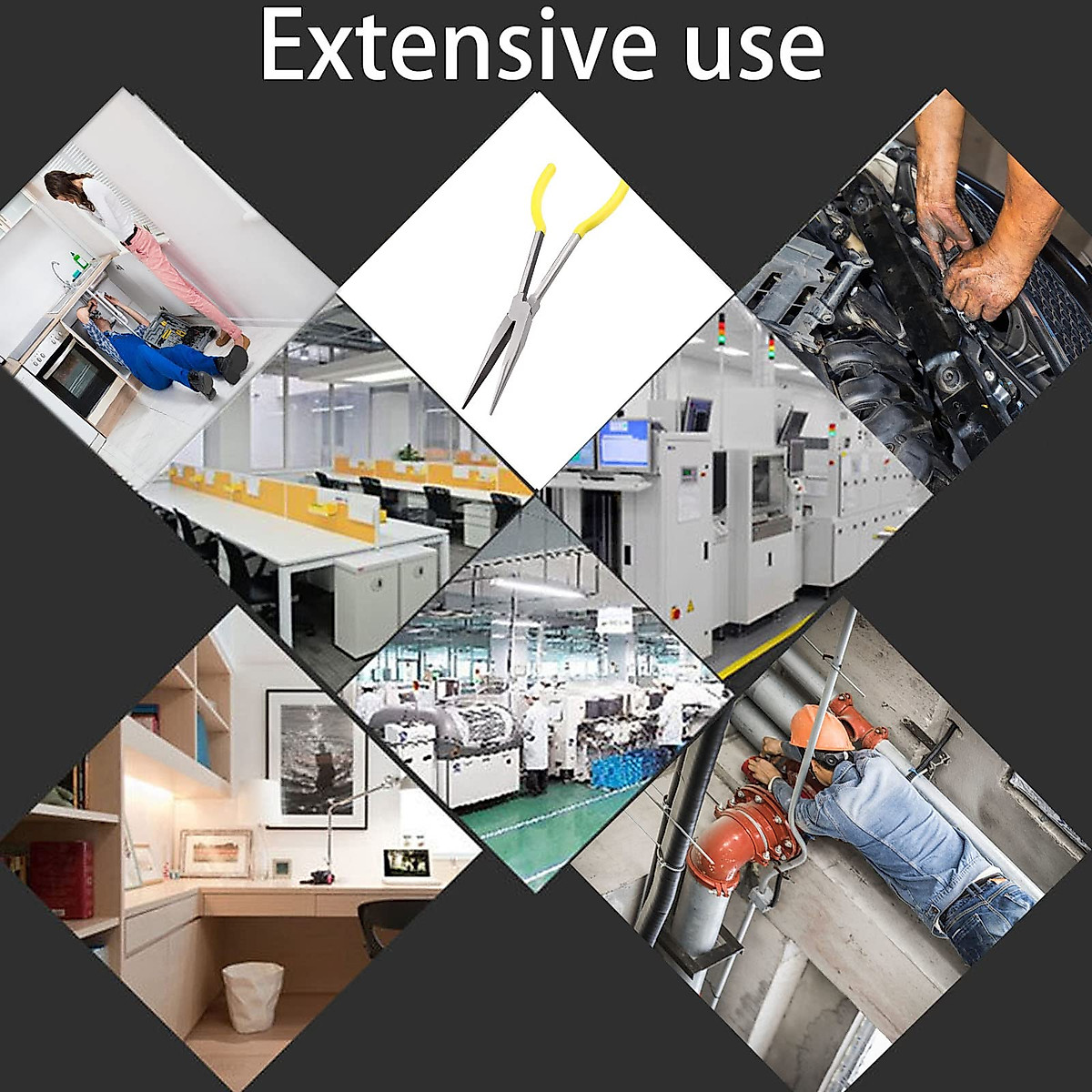 BQKKWIN 11 Inch Long Reach Long Nose Pliers Designed for Mechanics, Technicians, and Contractors Work with Delicate or Difficult-to-Reach Pieces Milled-Jaws Steel “90° Degree Bent Nose Plier