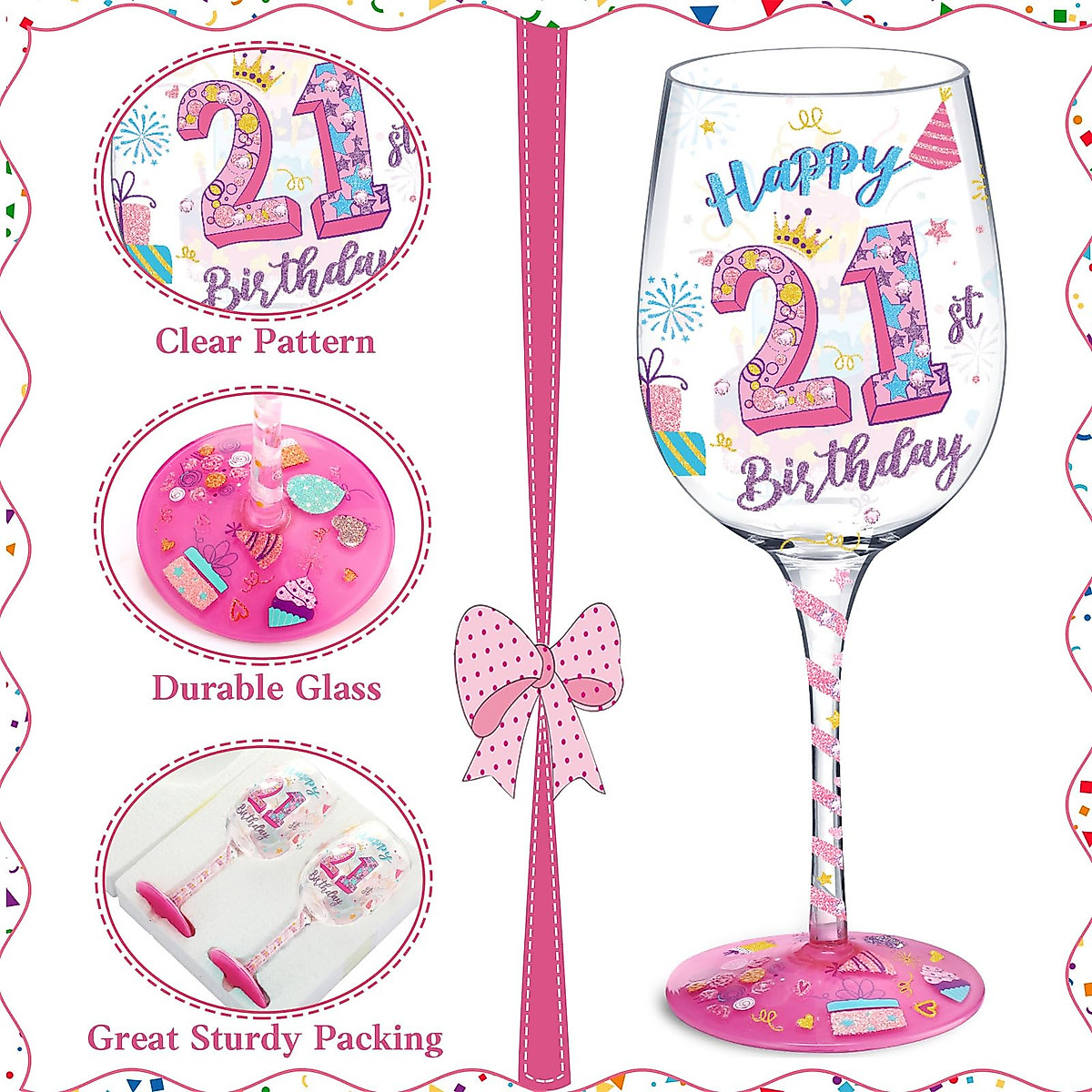 Funnymoom Hand Painted Wine Glass Birthday Gifts for Her Artisan Painted 15oz Gift Happy Birthday Cups (Pink,21st Birthday)