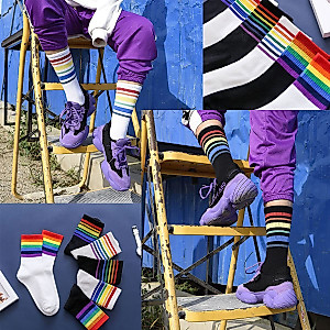 Ronglry 6Pairs Rainbow Striped Socks for Women Men Pride Crew Socks Colorful Novelty Cotton Socks Rainbow Pride Socks High Rainbow Funny Socks for Pride Sport Athletic Socks Rainbow Tube Socks Gifts-A