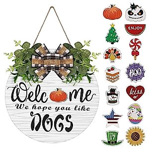 Interchangeable Wooden Seasonal Welcome Sign, Rustic Round Dogs Sign Front Door Wreaths for Home/Wall/Porch/Farmhouse Decor, for Easter Spring Summer Fall Halloween Christmas All Season Decorations