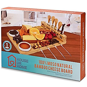 Charcuterie Board Set - Bamboo Cheese Board with Knife Set, Wine Opener, Ceramic Bowls & Forks - Removable Magnetic Utensils Holder for Easy Cleaning - Gifts for Housewarming, Weddings & Anniversaries