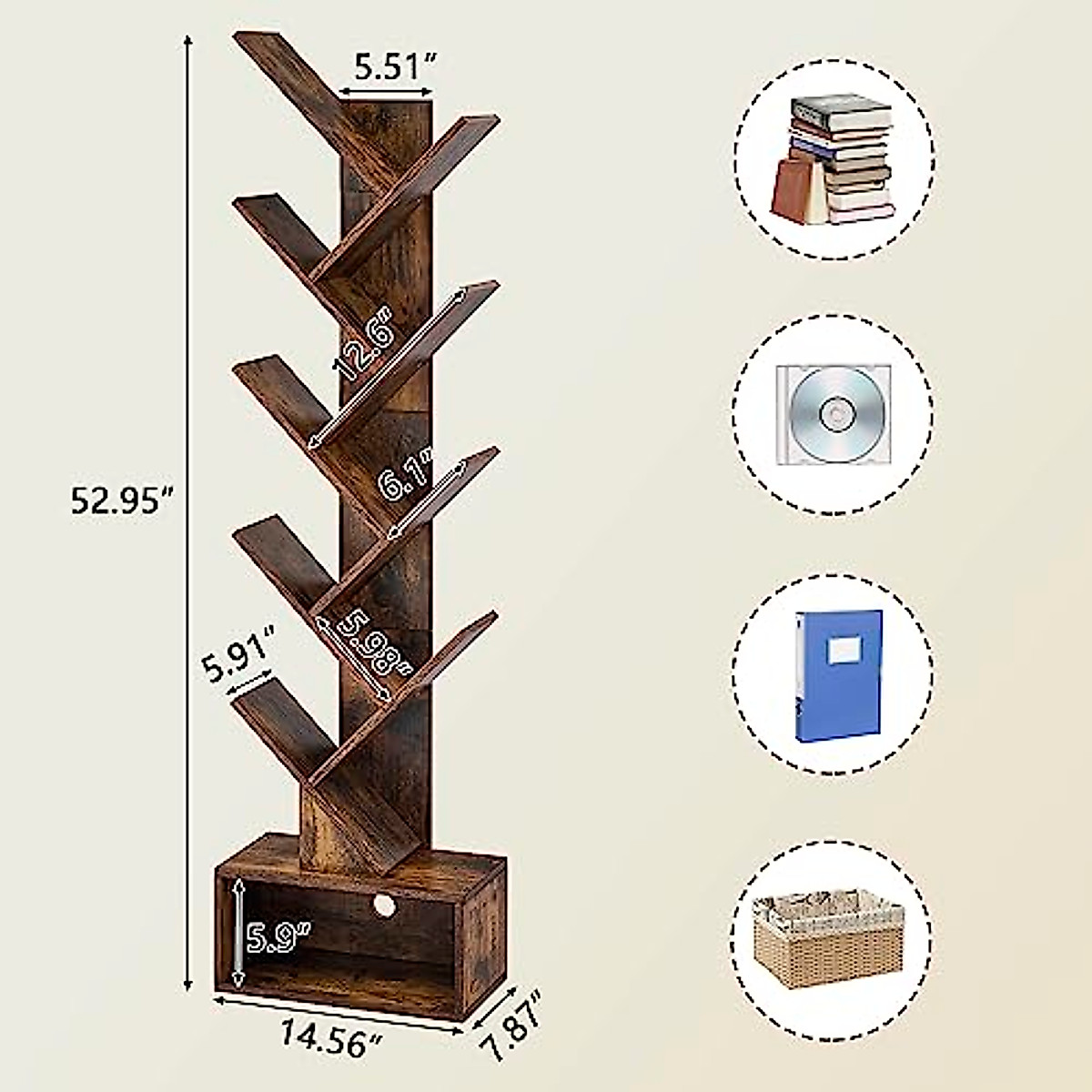 Tajsoon 9 Tier Tree Bookshelf with Drawer Bookcase, Floor Standing Book Storage Rack, Tall Bookshelf for CDs/Books/Movies, Bookshelf Organizer for Bedroom, Living Room, Home Office,Greige