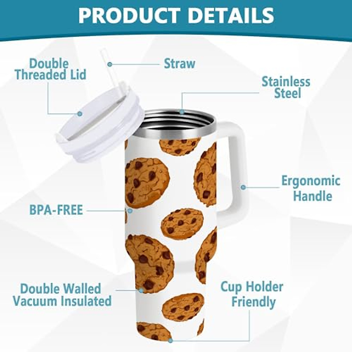 ARGTILDN 40 oz Tumbler Chocolate Chip Cookies Insulated Travel Mug with Handle and Straw Lid Stainless Steel Vacuum Coffee Cup Tea Beverage Container Water Bottles for Car Sports office