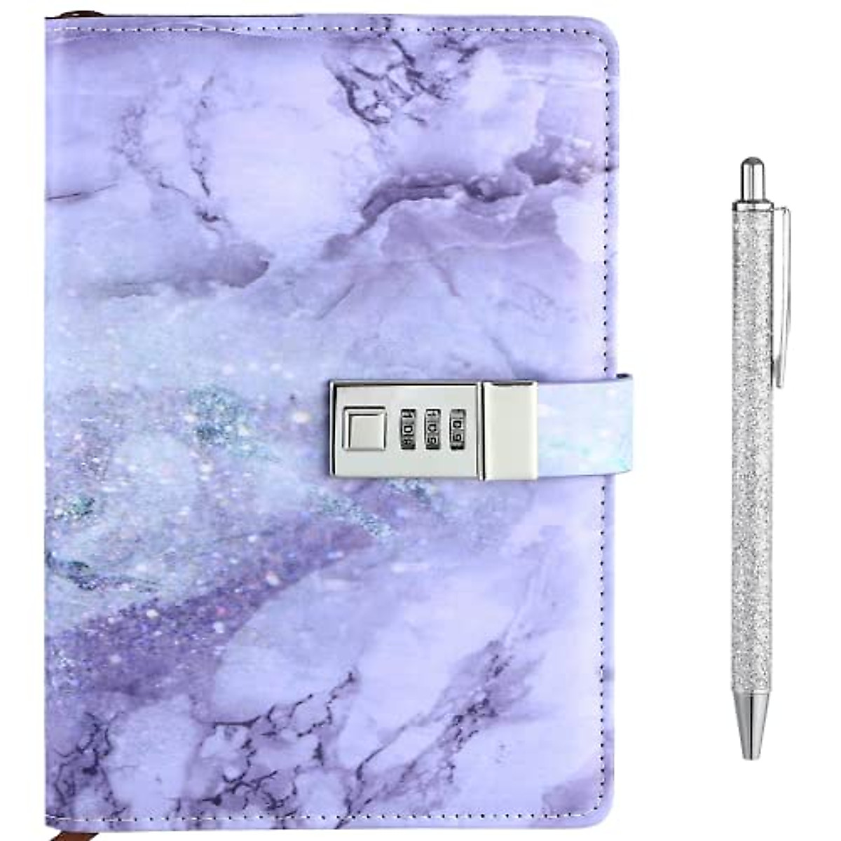Diary with Lock for Girls and Women, Lock Diary for Teen Girls with Leather Cover and Pen holder, Size A5 Password Notebook with Combination Lock, Sparkly Silver Writing Pen included (Purple 2)