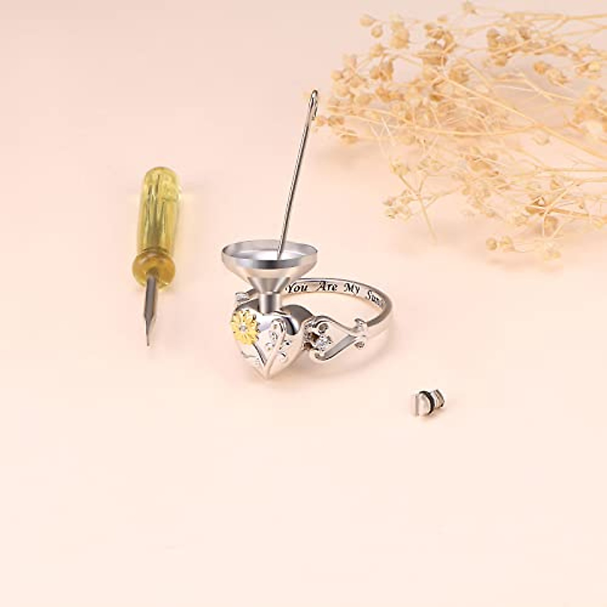 HOOHWE Sterling Silver Cremation Jewelry Sunflower Urn Rings Holds Loved Ones Ashes, You Are My Sunshine Heart Urn Ring Keepsake Cremation Ring Memorial Jewelry for Ashes for Women Men