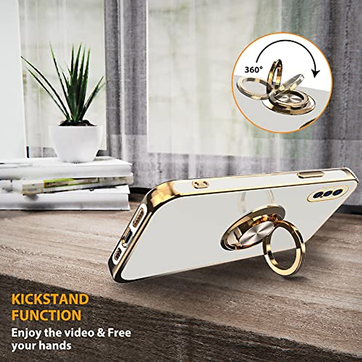 KANGHAR Compatible with iPhone Xs Max Case for Women Girls, Plating Built-in 360 Rotation Magnetic Ring Kickstand Holder Soft Slim Shockproof Bumper Protective Cover (White)