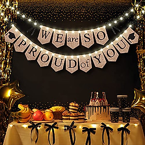 2023 Graduation Banner, We are So Proud of You Burlap Banner with 8 Modes LED String Lights, Lighting Wall Hanging Garland Bunting Flags Sign for Grad Party