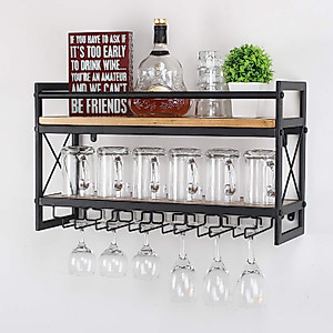 OISSIO Industrial Stemware Rack Wall Mounted,Wine Rack with Wood Shelves,2 Tier Stemware Storage with 6 Stem Glass Holder for Wine Glasses,Mugs,Home Decor,Black(24 inch)