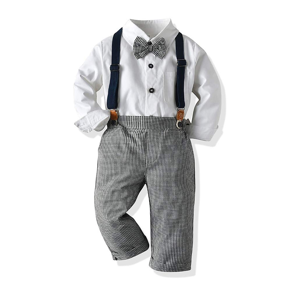 Moyikiss Studio Autumn Winter Little Boys Clothes Long Sleeve Bowtie Shirt+Suspender Pants Gentleman Outfits Sets (White-a, 90/2T)