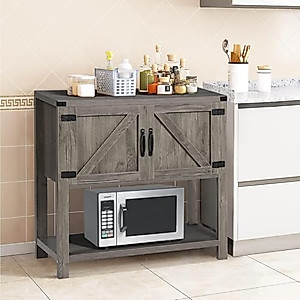 4ever2buy Farmhouse Coffee Bar Cabinet with Barn Doors, Grey Coffee Bar Stand with Storage, 36 inch Coffee and Tea Bar with Bottom Shelf for Living Dining Room