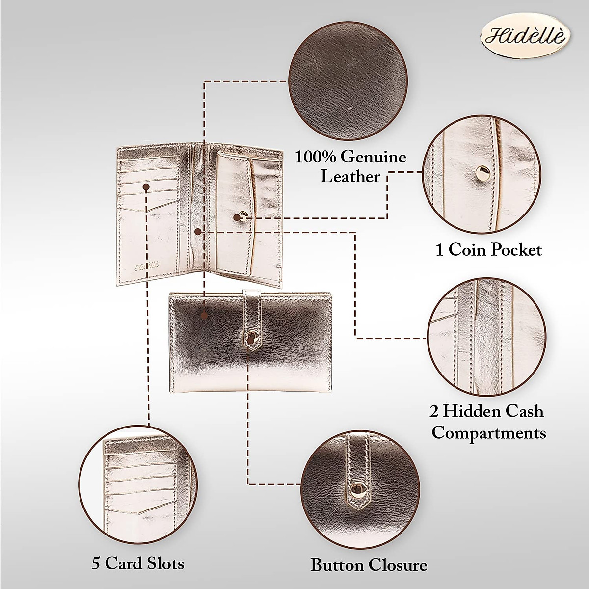 Hidelle Foil Leather Bi-Fold Women Wallet, Purse with Cards Holder and Button Closure Handbag, (Light Gold)