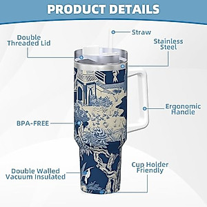 Xiexide 40oz Fits Cup Holder Gifts Ancient Blue And White Chinese Style Chinoiserie Folk Double Walled Vacuum Insulatedith Handle And Straw,Hot & Cold Drinks