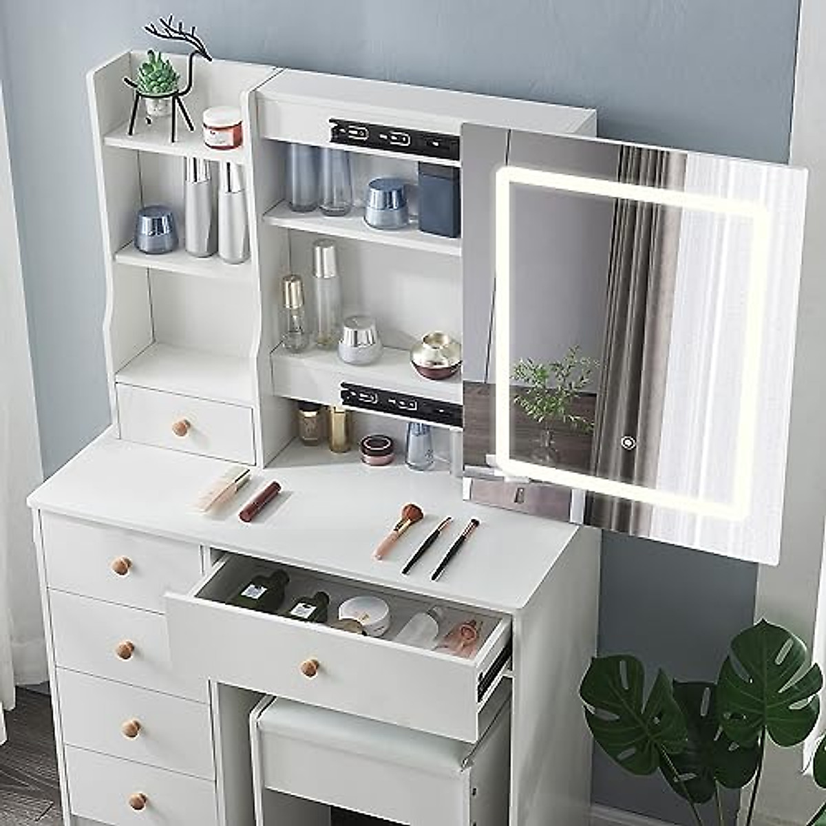 JBLCC Large Vanity Desk with Mirror and Lights, Vanity Table Makeup Vanity with Slidable Mirror 5 Drawers and Storage Shelves,Dressing Table Set 3 Lighting Color Adjustable (05LED)