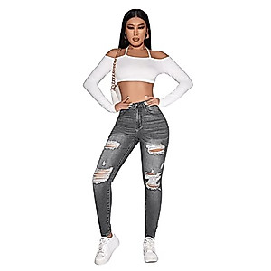 SweatyRocks Women's Casual High Rise Ripped Jeans Zipper Fly Skinny Denim Pants Grey M