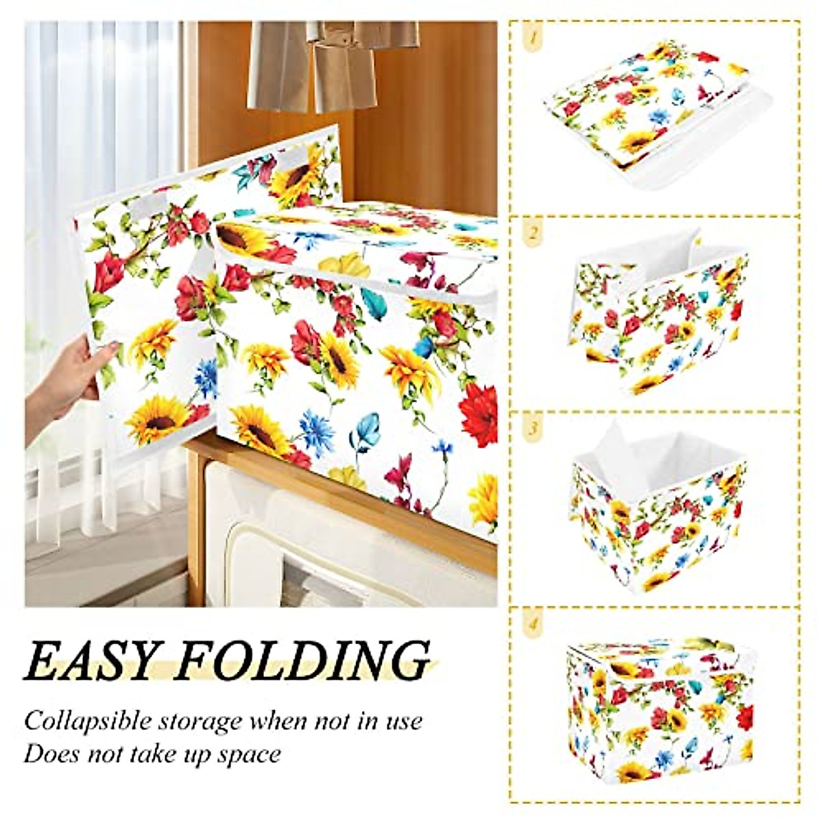 Sunflowers Pomegranate Storage Bins with Lids for Organizing Lidded Home Storage Bins with Handles Oxford Cloth Storage Cube Box for Bed Room