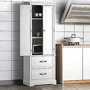 Erinnyees Freestanding Pantry, Floor Utility Storage Cabinet with Doors and Shelves, Pantry Cabinets Cupboard for Living Room Kitchen Hallway Bathroom, White