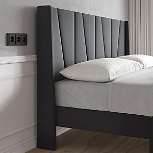 HOOMIC King Size Platform Bed Frame with Geometric Wingback Headboard, Wooden Slats Support, No Box Spring Needed, Modern Style in Dark Grey