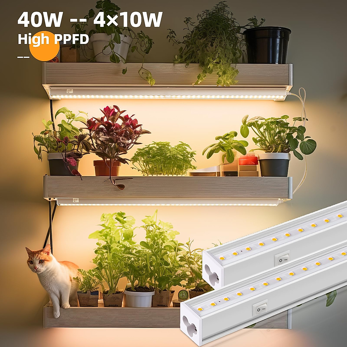 Barrina Grow Lights for Indoor Plants Full Spectrum, 2ft 40W (4 x 10W), T5 Plant Lights for Indoor Plants, Greenhouse, Plug and Play, Yellow, 4-Pack