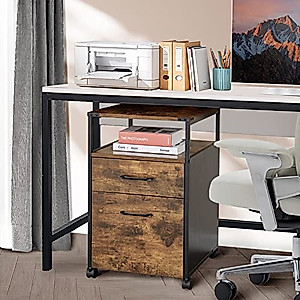 Fameill Rolling Filing Cabinet 2 Drawer File Cabinet Industrial Printer Stand for Home Office Small Under Desk Cabinet with Open Shelf,Storage Cabinet for A4, Letter Size, Rustic Brown
