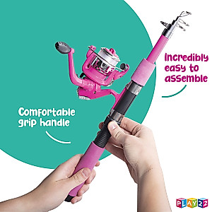 Play22 Kids Fishing Pole Pink - 40 Pc Kids Fishing Rod and Reel Combos - Fishing Poles for Youth Kids Includes Fishing Tackle, Fishing Gear, Fishing Lures, Net, Carry On Bag, Fully Fishing Equipment