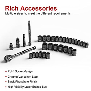 WIILDIS Impact Socket Set, 33-Piece, 3/8" Drive Socket Set with 72 Teeth Reversible Ratchet Wrench, CR-V, 6 Point, SAE/Metric, 5/16 Inch - 7/8 Inch, 6mm - 24mm, Mechanic Tool Kits for Men
