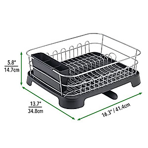 mDesign Alloy Steel Sink Dish Drying Rack Holder w/Plastic Swivel Spout Drainboard Tray - Dish Rack/Dish Drainer Storage Organizer for Kitchen Counter - Holds Plates, Concerto Collection, Silver/Black
