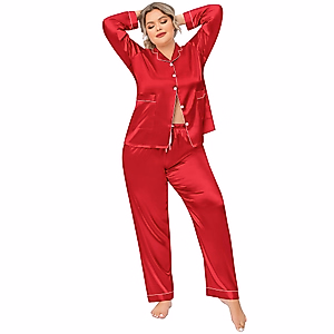 SWOMOG Women Plus Size Long Sleeve Pajamas Silk Satin Pajama Sets Button Down Sleepwear Pjs Loungewear with Pockets Red Apple