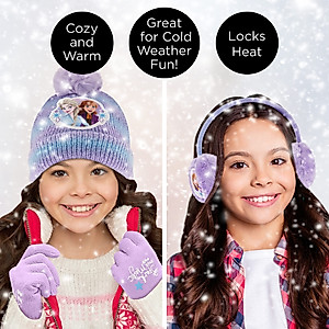 Disney Girls' Winter Hat, Earmuffs and Kids Gloves Set, Frozen for Ages, Age 4-7