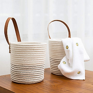 HIGOGOGO 2 Pack Wall Hanging Cotton Storage Baskets, Small Rope Baskets with Leather Handle Door Closet Organizer Woven Baskets for Keys, Wallet, Plants, Towels, Toys, 7.87" x 7"