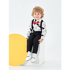 JunNeng Baby Toddler Boy Dinosaur Outfits Suits Gentleman Clothes Sets, Bowtie Dress Shirt+Suspender Pants Dress Suits (White Dinosaur, 18-24 Months)