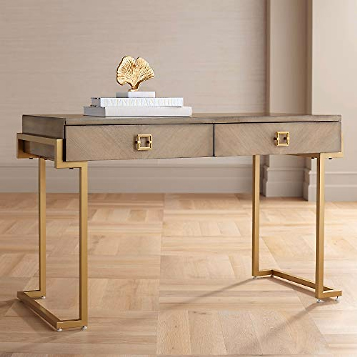 Coast to Coast Wheaton Modern Metal Ash Wood Rectangular Writing Desk 49 1/2" x 23" with 2-Drawer Gold Brown Open Leg for Living Room Bedroom Bedside Entryway House Balcony Office Bathroom