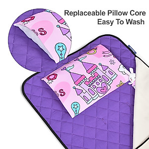 KRAND Kids Nap Mat with Washable Pillow and Blanket All-in-One Comfy Bedding for Toddler Boys & Girls Preschool Daycare Cot,Features 100% Cotton Sleep Side and Elastic Straps-Pink Castle