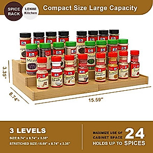 Lenwi Spice Rack Organizer for Cabinet, 3 Tier Expandable Bamboo Spice Storage, Great for Kitchen Cabinet, Cupboard,Pantry and More(Natrual)