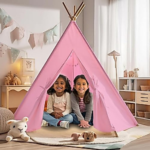 Adorable Pink Kids Teepee Tent with Star Lights, Easy to Assemble 100% Cotton Tipi Play tp Tent for Girls, Spacious Indoor Playhouse for Toddlers, Perfect for Bedroom or Playroom, Durable, Soft Fabric
