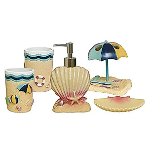 Seaside Beach Bathroom Accessories Set, Vanity Decor for Kids, Set of 5 Including with 2 Cups, 1 Toothrush Holder, 1 Soap Dispenser and 1 Soap Dish, Decorative with Starfish and Conch