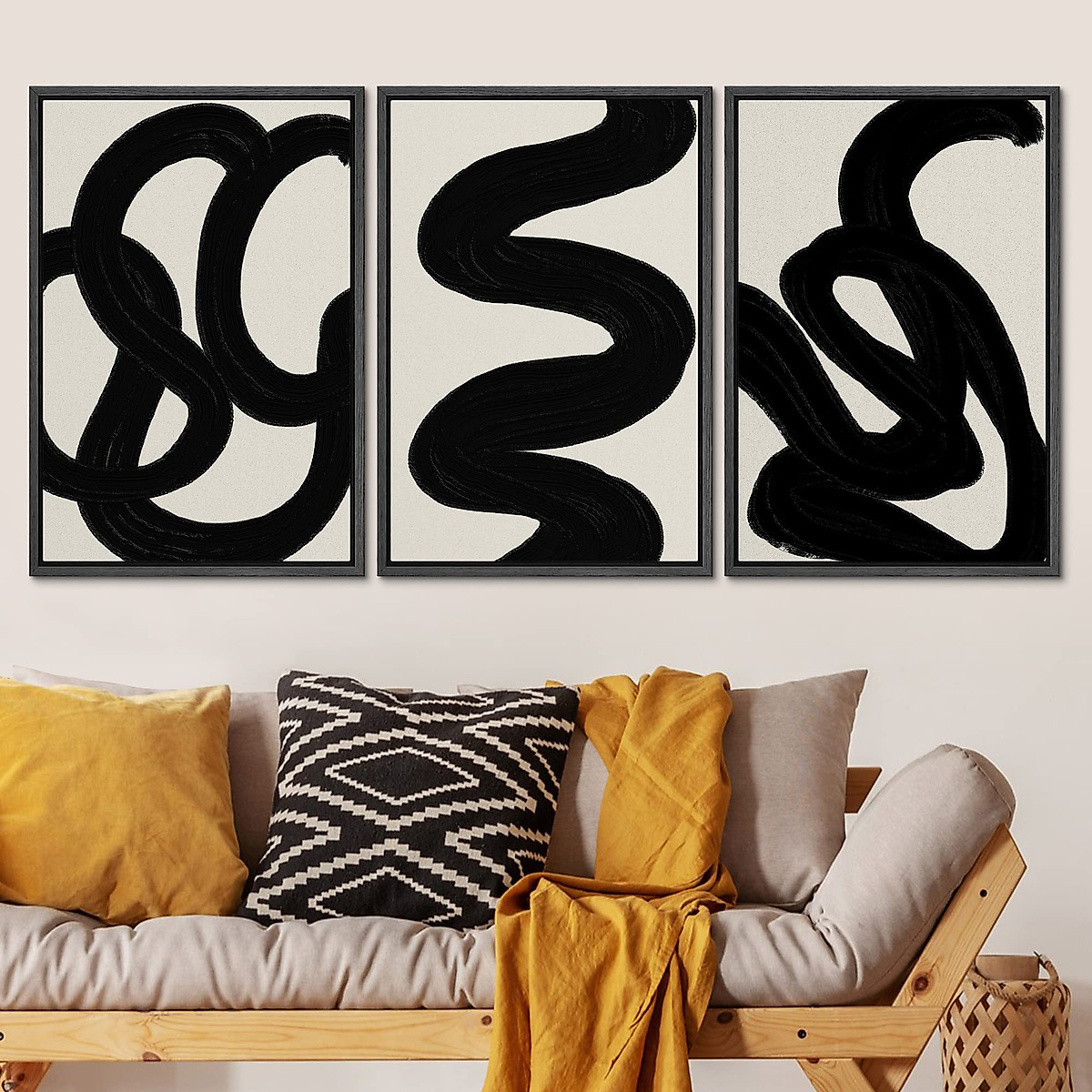 SIGNLEADER Framed Canvas Print Wall Art Set Duotone Minimal Dark Brush Stroke Landscape Abstract Shapes Illustrations Modern Art Boho Decorative for Living Room, Bedroom, Office - 24"x36"x3 BLACK