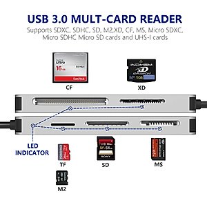 USB3.0 XD Card Reader, USB 3.0 (5Gps) High Speed TF/SD/MS/M2/XD/CF Memory Card Solt Combo Adapter, 6 in 1 Aluminum Card Reader,Compatible with Windows XP/Vista / 7/8 / 8.1/10, Mac OS, Linux