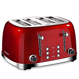 REDMOND 4 Slice Toaster Retro Stainless Steel Toasters with Bagel Defrost Cancel Function, 6 Browning Settings, Red, ST033 WT-340C