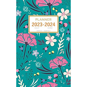 Planner July 2023-2024 June: 5x8 Weekly and Monthly Organizer Small | Fairy Aesthetic Flower Design Teal
