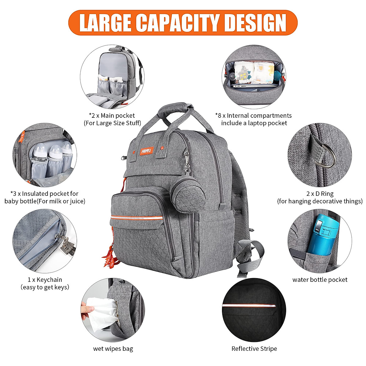 Homfu Diaper Bag Backpack with Changing Pad for Mommy Bags Grey Laptop Travel Backpacks Multifunction Dad Diaper Bag Waterproof Large Capacity Maternity Back Pack for Mom Boys Girls