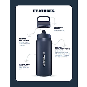 LifeStraw Go Series — Insulated Stainless Steel Water Filter Bottle for Travel and Everyday Use Removes Bacteria, Parasites and Microplastics, Improves Taste, 24oz Aegean Sea