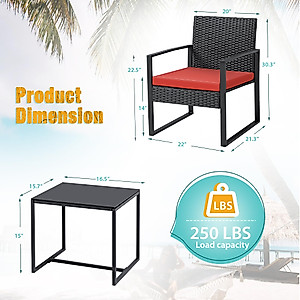 Flamaker 3 Pieces Wicker Patio Furniture Outdoor Modern Rattan Chair Conversation Sets with Coffee Table for Yard and Bistro (Red)