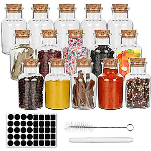 Keketin 24 Pack Glass Jars Bottles with Cork Lids,5oz Herb Bottles 150ml Spice Jars with 215 Labels,Clear Glass Decorative Jars for Tea Leaves,Spices,Nuts,Seasonings or Party Favors