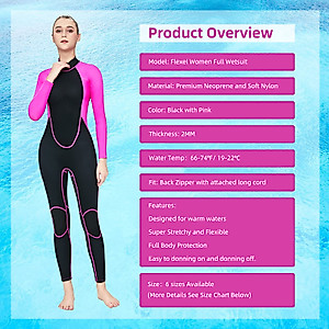 HIGI Flexel Full Wetsuit for Women,2mm Womens Wet Wuit Long Sleeve Swimsuits for Women in Cold Water Thermal Surfing Wetsuit Women Snorkeling Suit Scuba Swimsuit for Women black with pink, Large