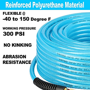 YOTOO Reinforced Polyurethane Air Hose 1/4" Inner Diameter by 100' Long, Flexible, Heavy Duty Air Compressor Hose with Bend Restrictor, 1/4" Swivel Industrial Quick Coupler and Plug, Blue