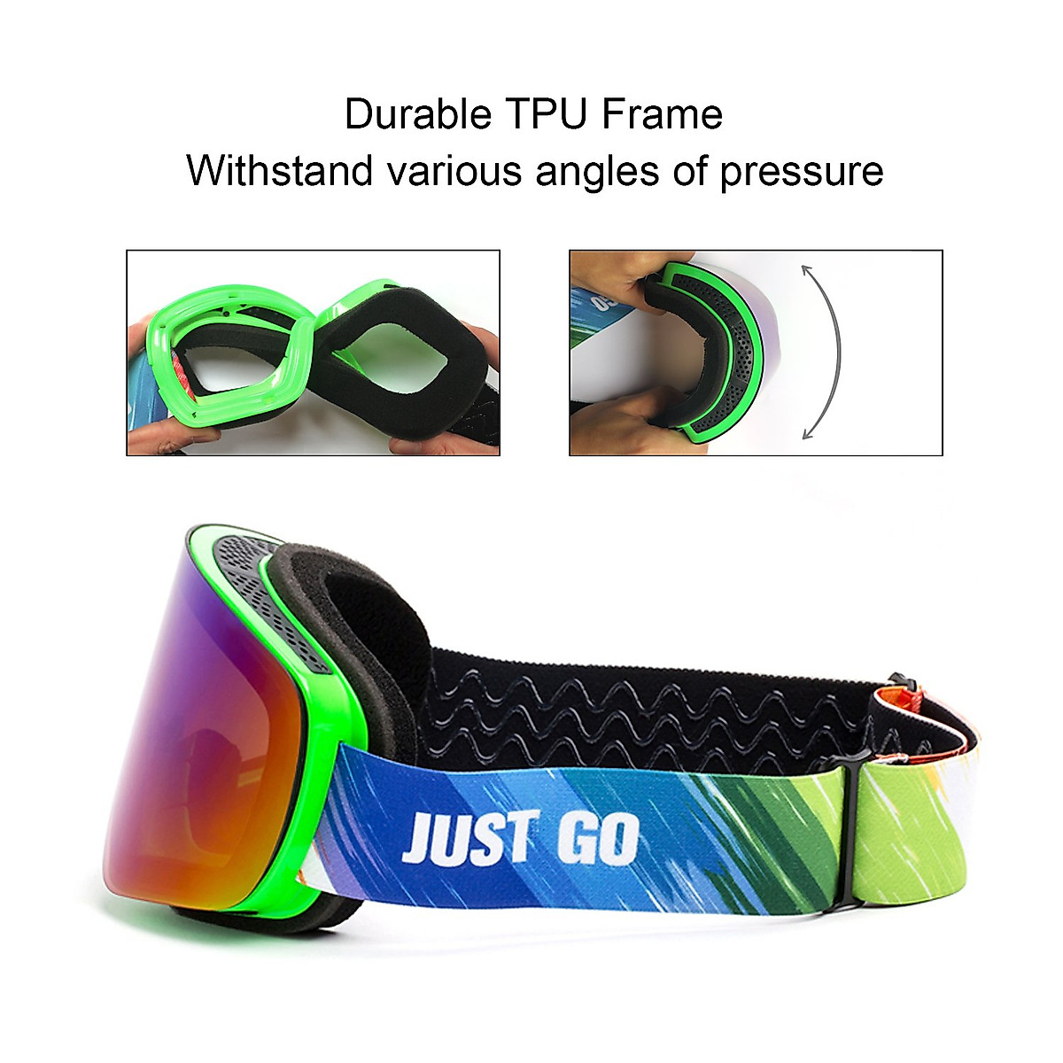 JUST GO Ski Goggles for Skiing Dual-Layer Anti-Fog 100% UV Protection lens Snowboard Goggles, Green Frame/Green Revo Lens (VLT 23.8%)