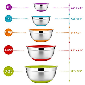 E-far Stainless Steel Mixing Bowls Set of 5, Size 7/3.5/2.5/1.5/1 QT, Metal Nesting Bowls with Colorful Airtight Lids & Non-Slip Bottoms, Great for Kitchen Cooking, Baking, Serving, Food Prep