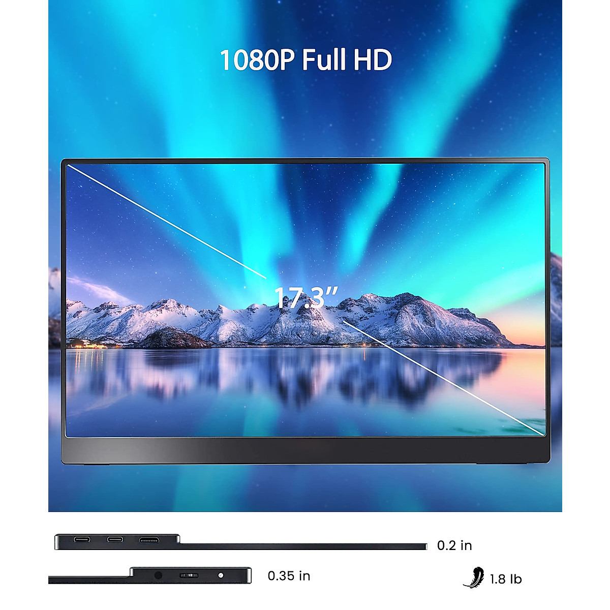 KekeBite Portable Monitor 17.3 inch FHD 1080P Laptop USB C HDMI Gaming Ultra-Slim IPS Display w/Smart Cover & Speakers,Plug&Play,External for PC Phone Mac Xbox PS4, E4